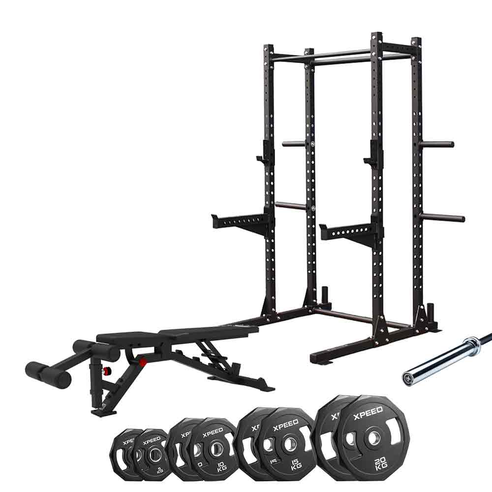 Xpeed Half Rack + Bench + 100kg Olympic Rubber Plates + Bar Package ...